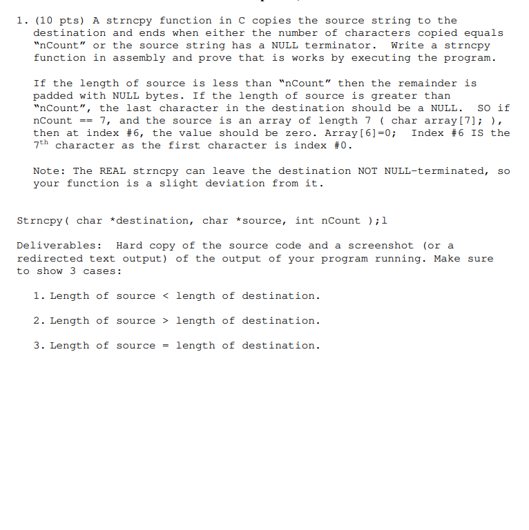 1. (10 pts) A strncpy function in C copies the source | Chegg.com