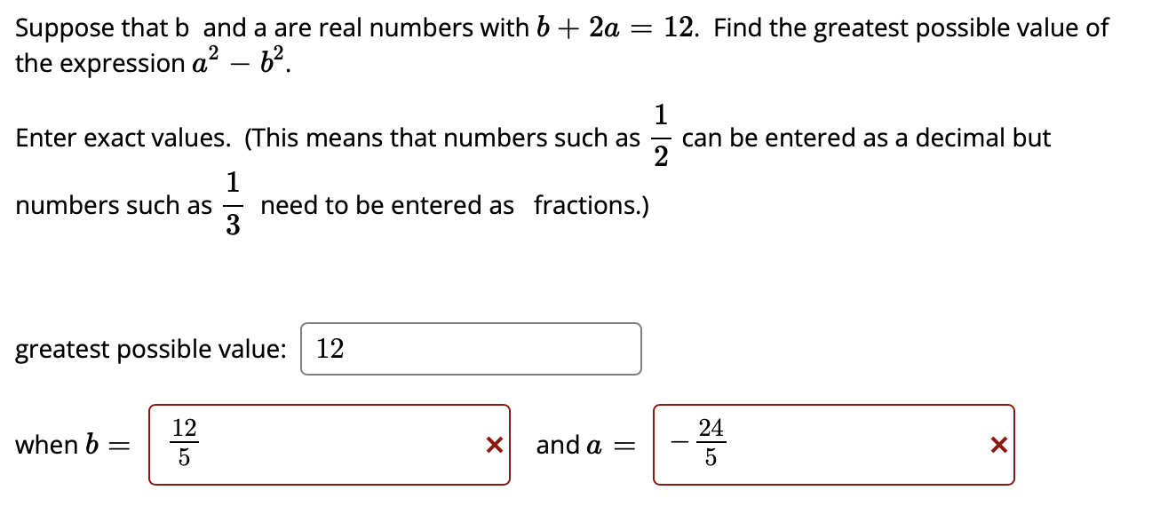 Solved Suppose that b and a are real numbers with b+2a=12. | Chegg.com
