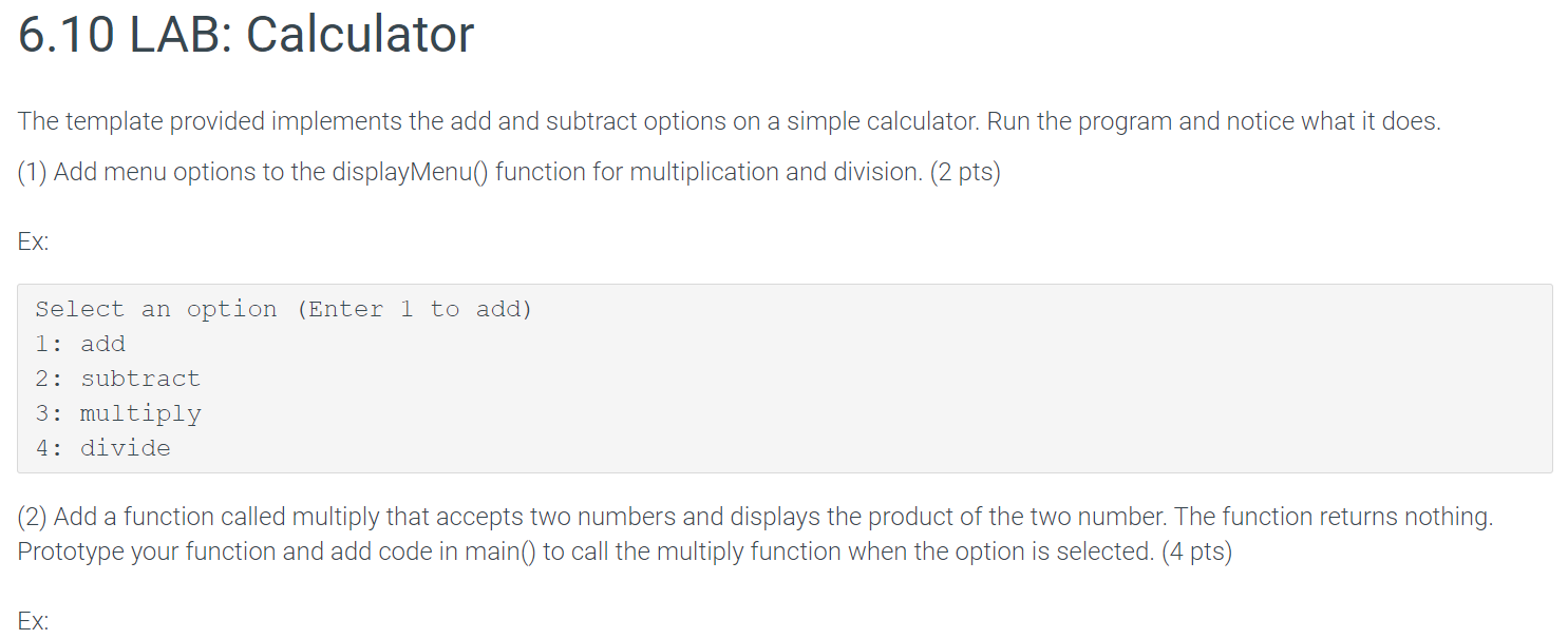 Solved C++ 6.10 LAB: Calculator The template provided | Chegg.com