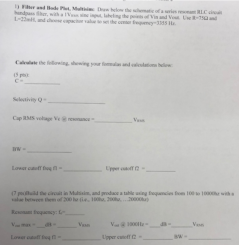 Solved I) Filter and Bode Plot, Multisim: Draw below the | Chegg.com