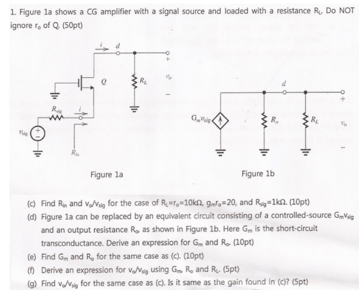 Solved 1. Figure 1 a shows a CG amplifier with a signal | Chegg.com