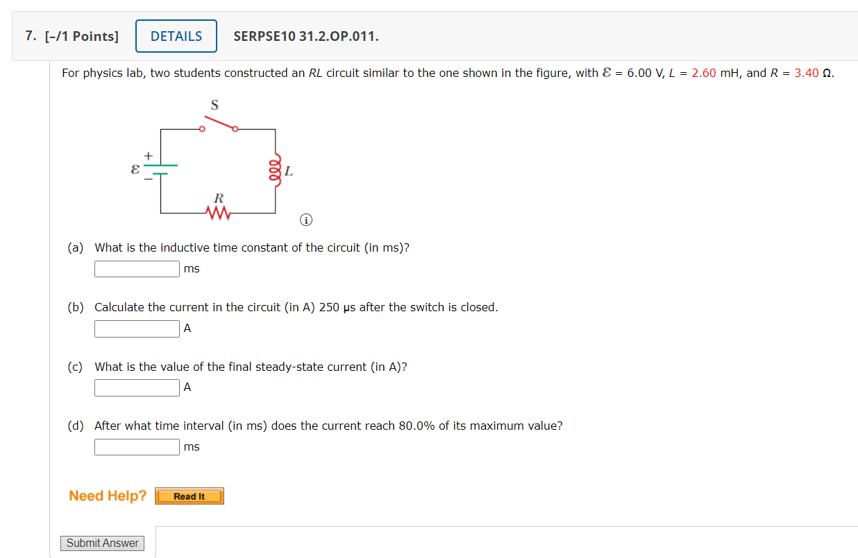 Solved For physics lab, two students constructed an RL | Chegg.com