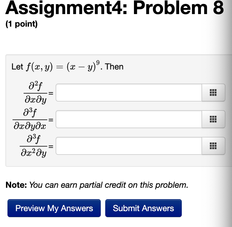 Solved Let f(x,y)=(x−y)9. Then ∂x∂y∂2f=∂x∂y∂x∂3f=∂x2∂y∂3f= | Chegg.com