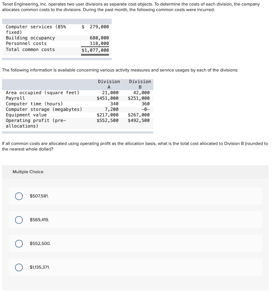 Solved Tenet Engineering, Inc. operates two user divisions | Chegg.com