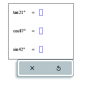 Solved tan21∘= cos87∘= sin42∘= | Chegg.com