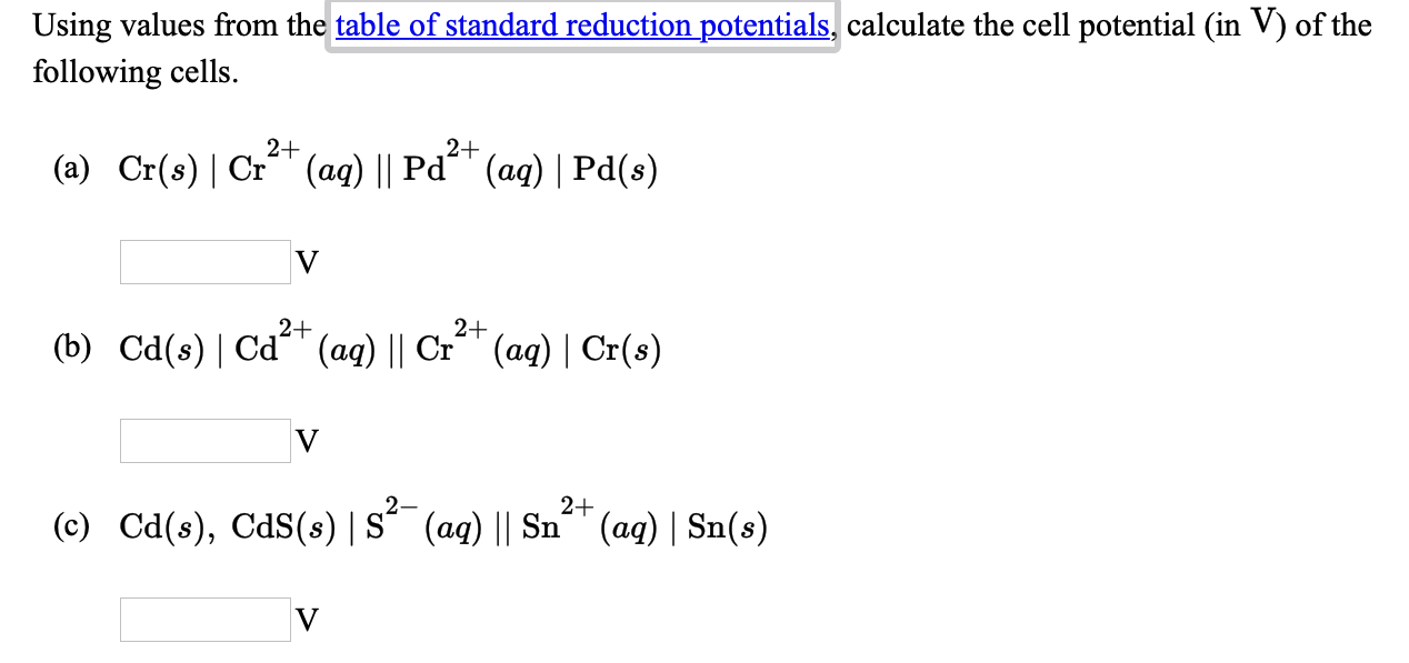 Solved Using values from the table of standard reduction | Chegg.com