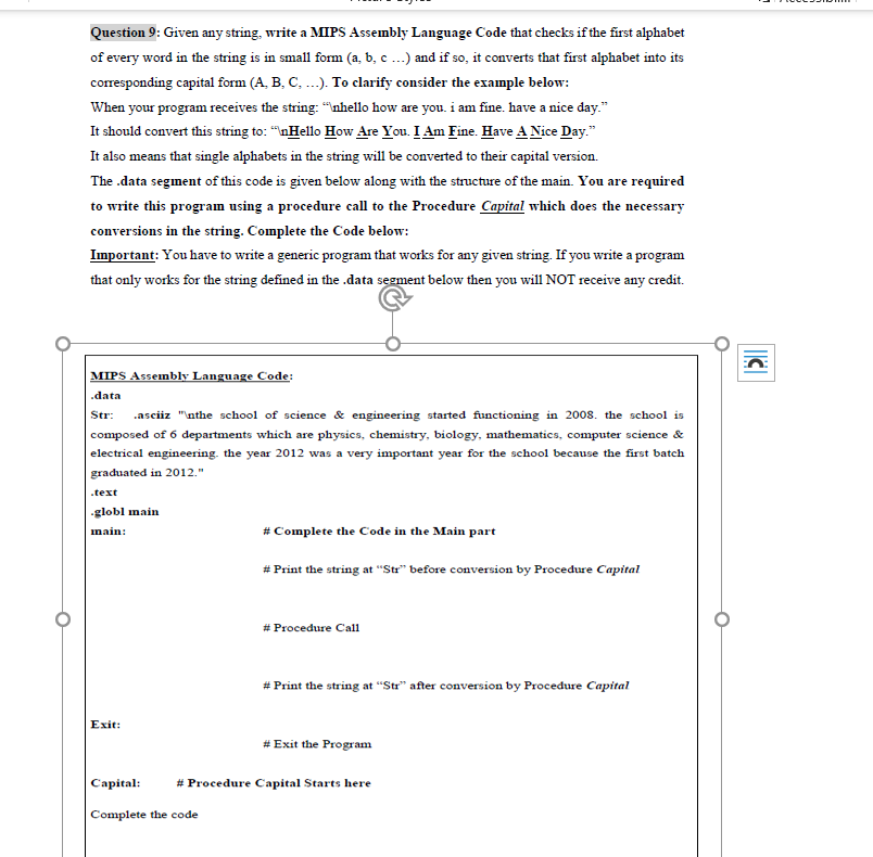 Solved с Question 9: Given any string, write a MIPS Assembly | Chegg.com