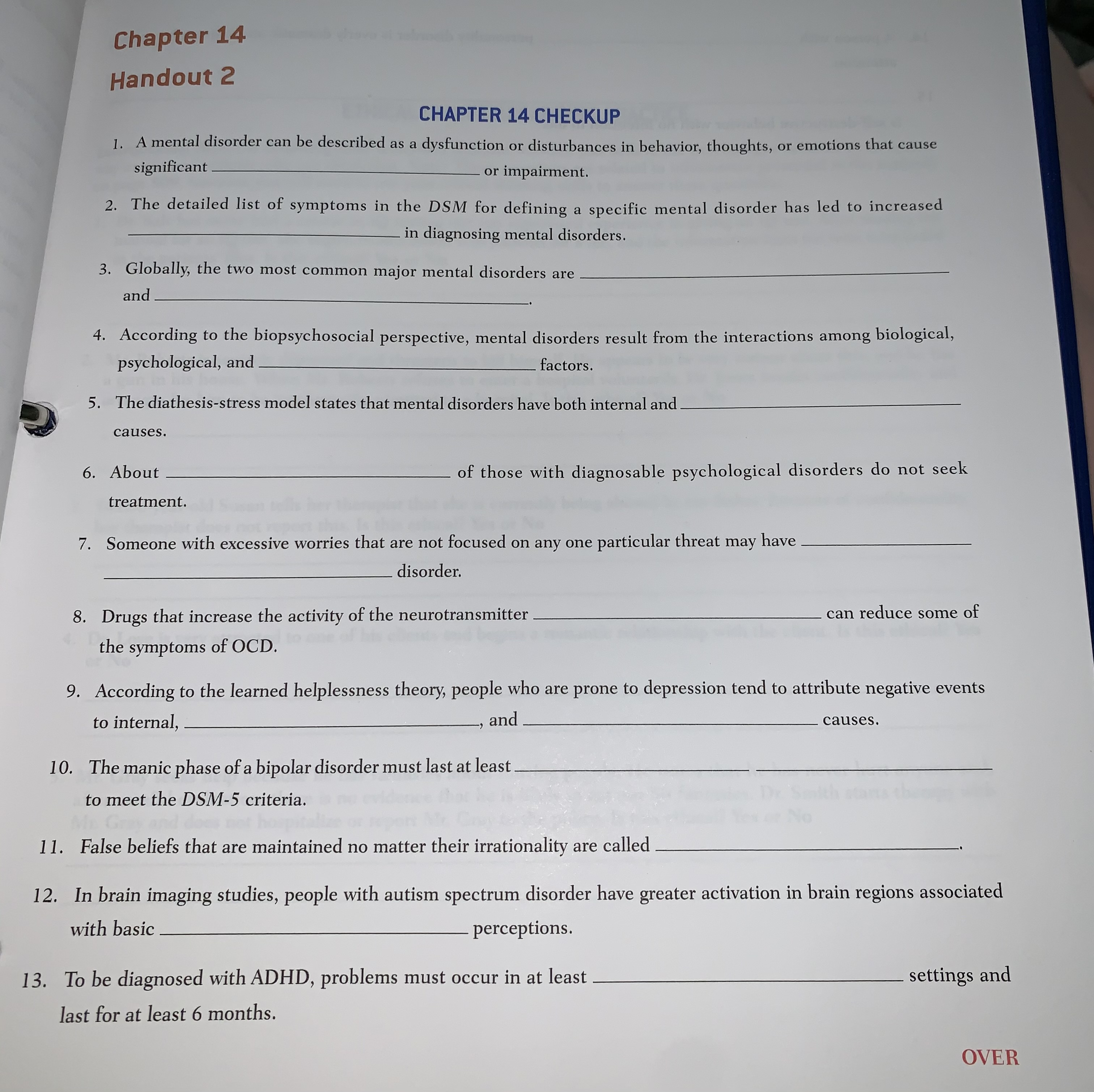 Solved Chapter 14 Handout 2 CHAPTER 14 CHECKUP 1. A mental | Chegg.com