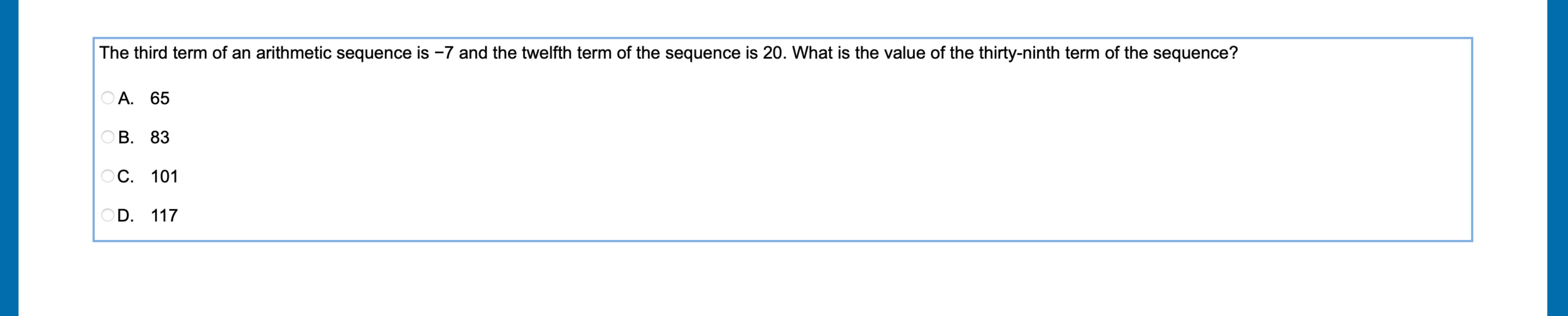Solved The third term of an arithmetic sequence is -7 ﻿and | Chegg.com
