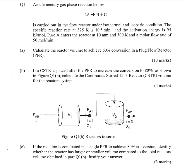 Solved Q1 An elementary gas phase reaction below 2A → B+C is | Chegg.com