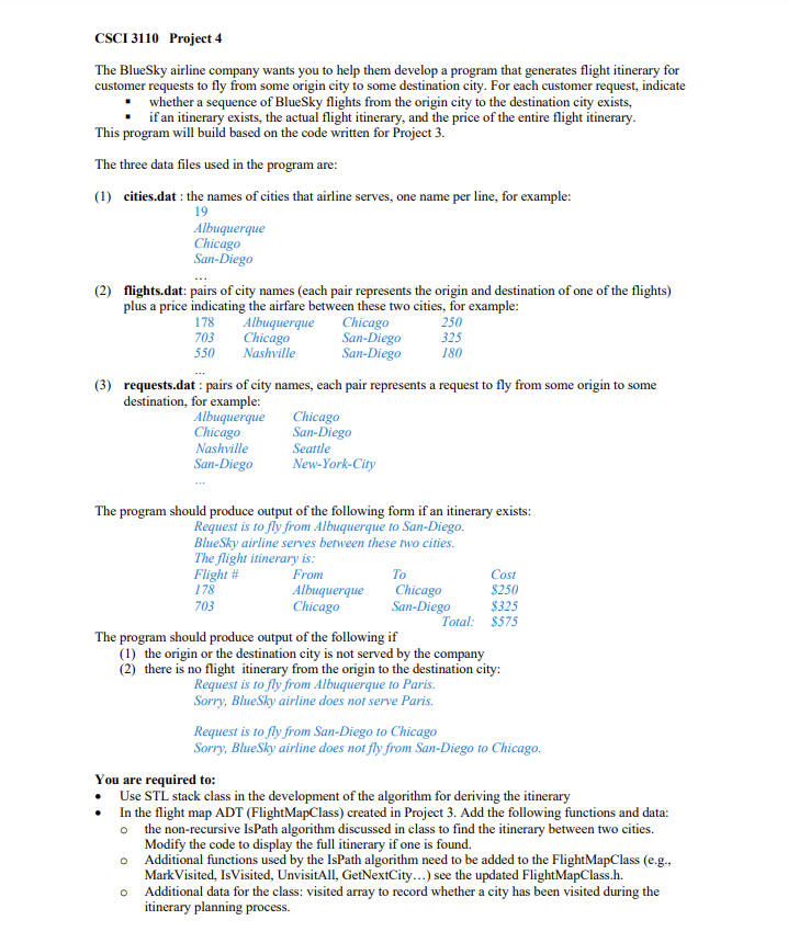 Solved CSCI 3110 Project 4 The BlueSky airline company wants | Chegg.com