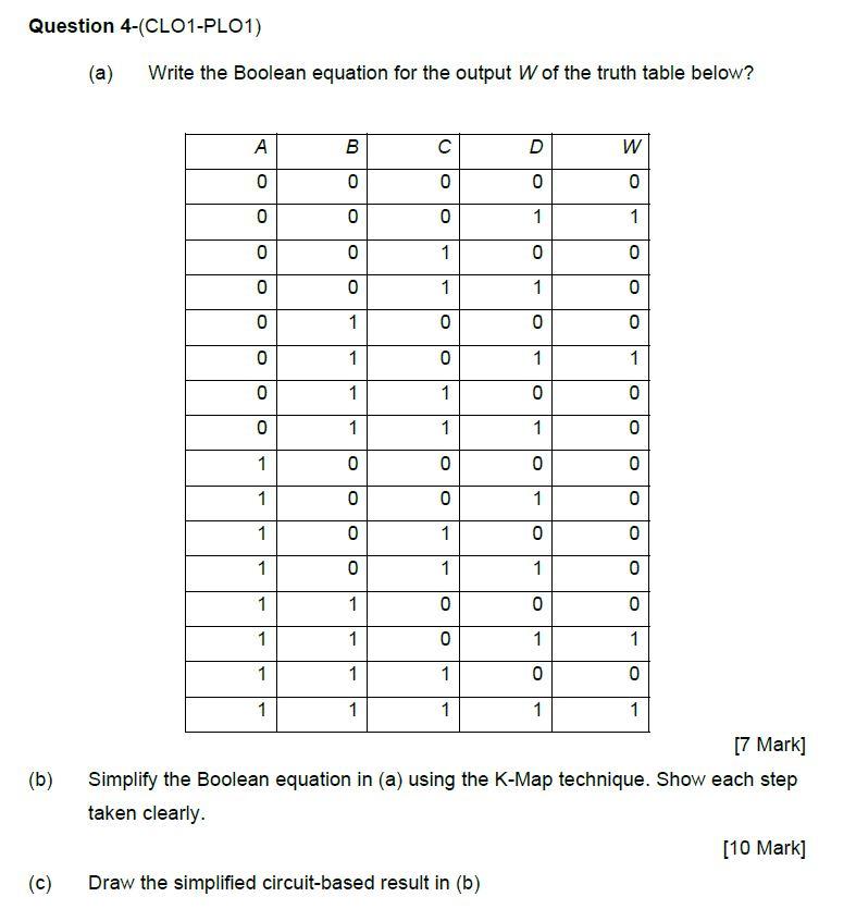 Solved Question 4-(CLO1-PLO1) (a) Write the Boolean equation | Chegg.com