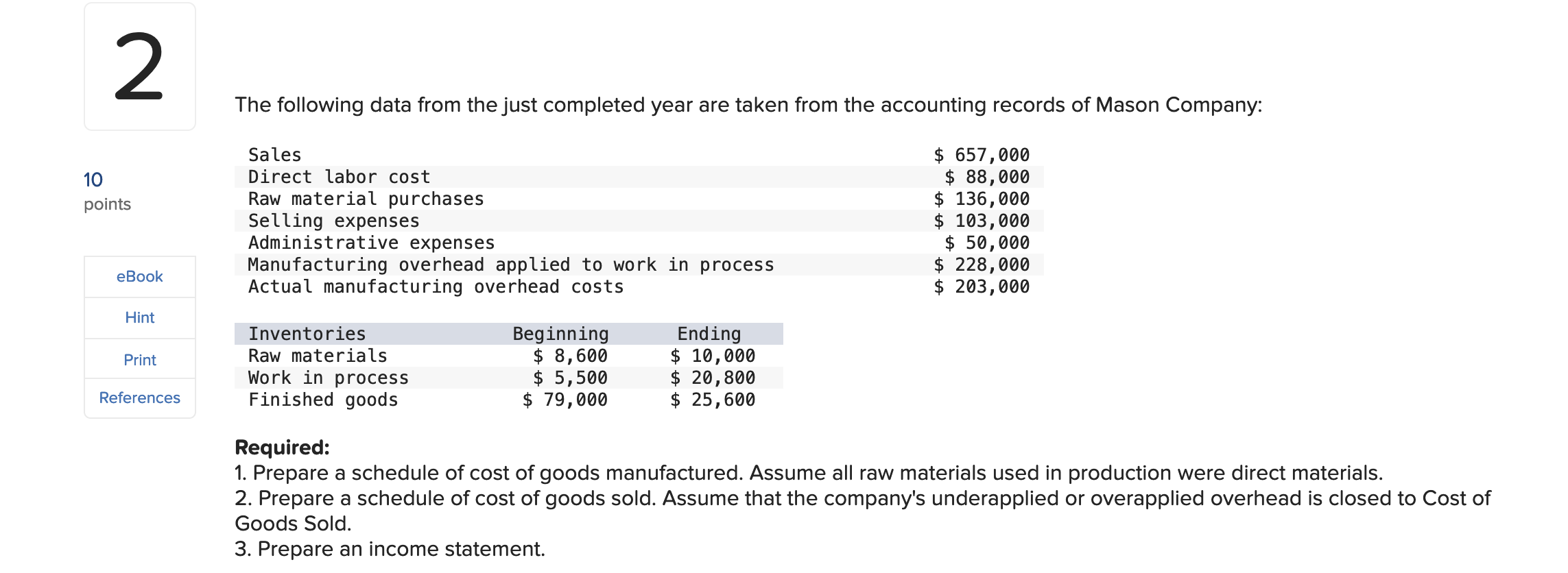 Solved 2 10 points eBook Hint Print References The following | Chegg.com