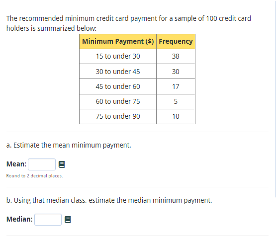Solved The recommended minimum credit card payment for a | Chegg.com