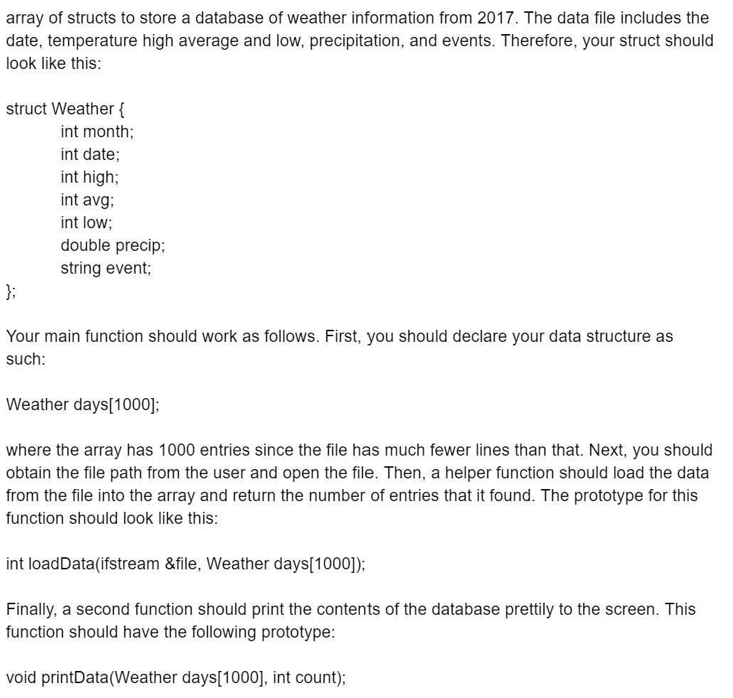 array of structs to store a database of weather | Chegg.com