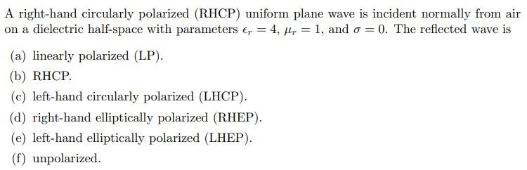 Solved A right-hand circularly polarized (RHCP) uniform | Chegg.com
