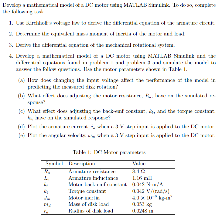 Solved Develop A Mathematical Model Of A Dc Motor Using 