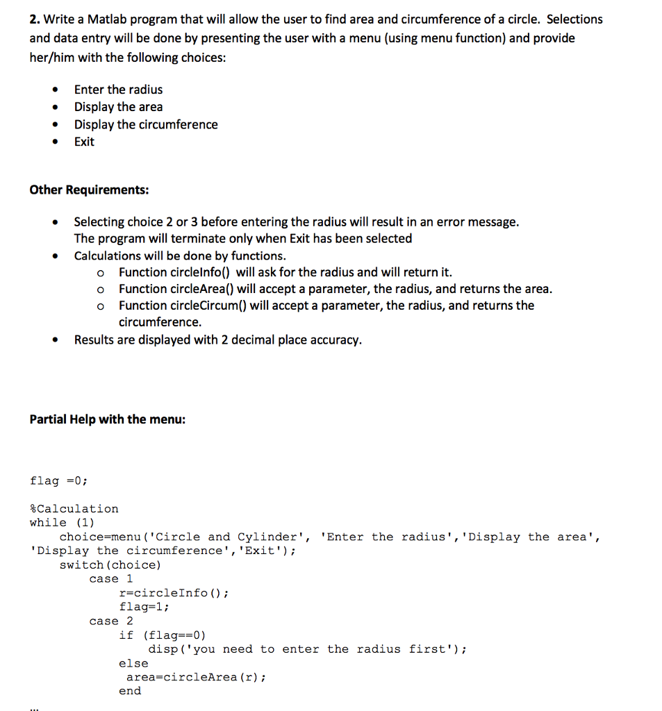 Solved 2. Write a Matlab program that will allow the user to | Chegg.com