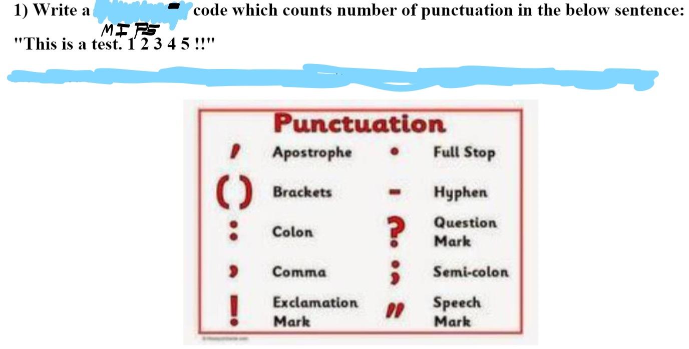 Solved 1) Write a code which counts number of punctuation in | Chegg.com