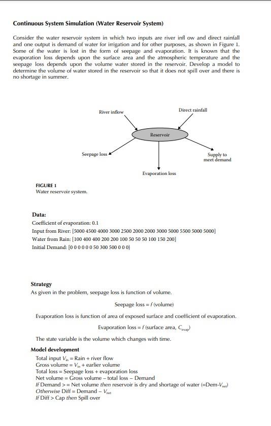 Solved Continuous System Simulation Water Reservoir System