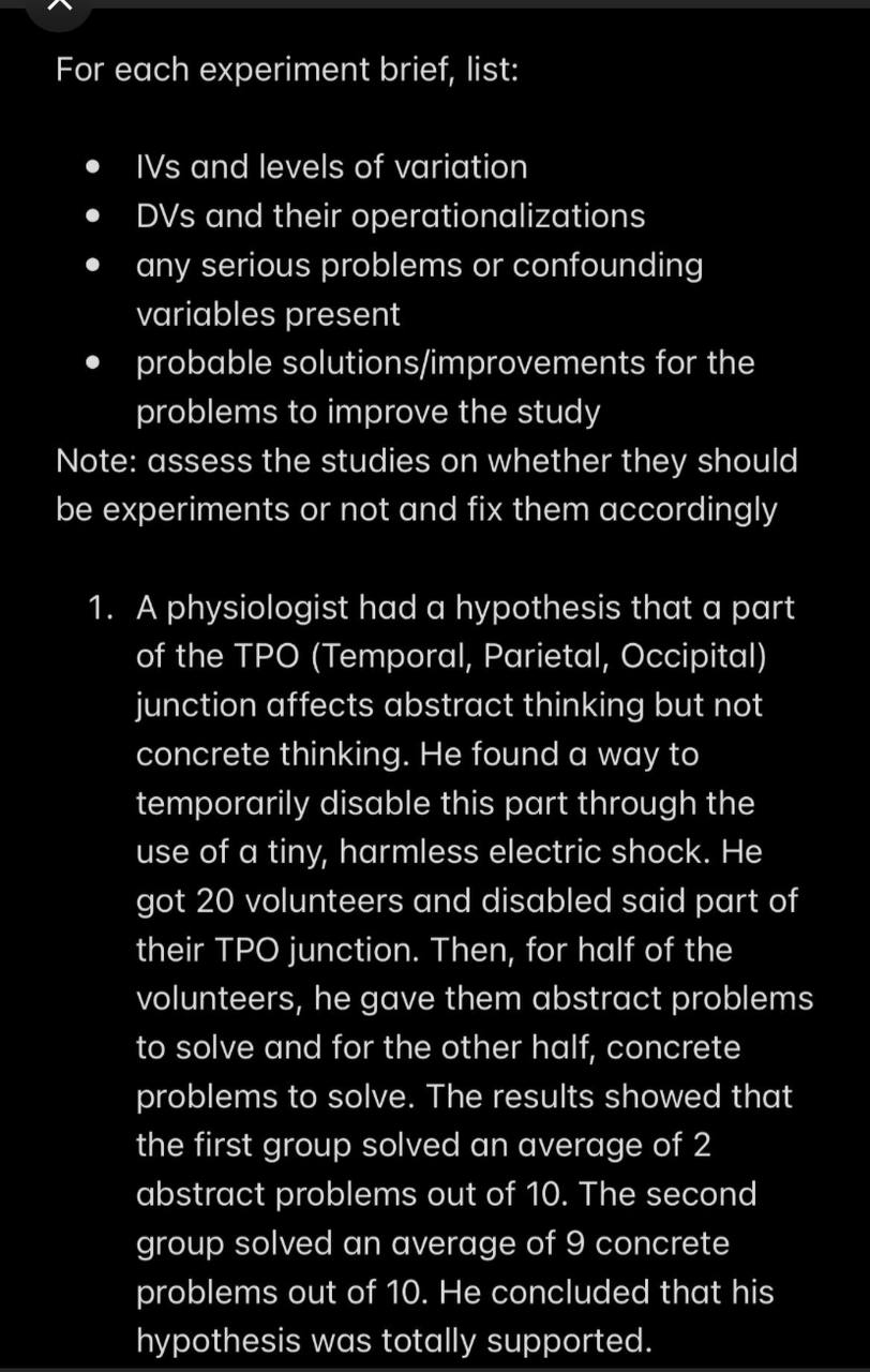 Solved For each experiment brief, list: - IVs and levels of | Chegg.com