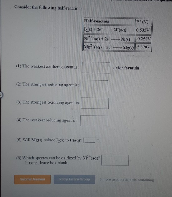 Solved Consider the following half-reactions: Half-reaction | Chegg.com