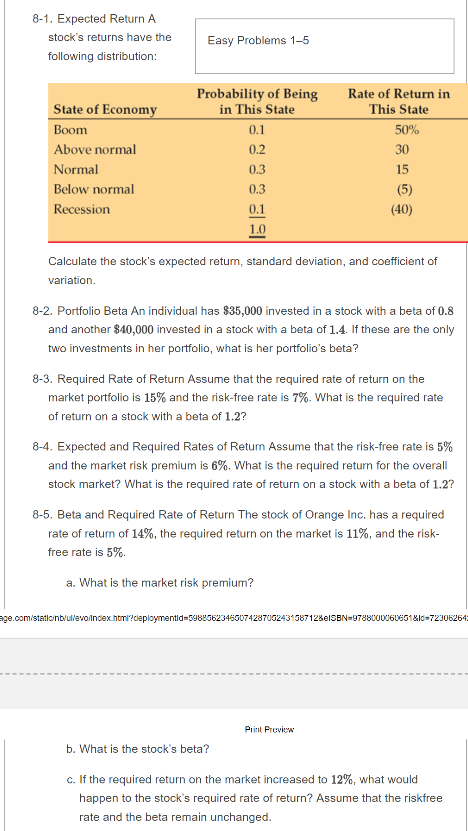 Solved 8-1. Expected Return A stock's returns have the | Chegg.com