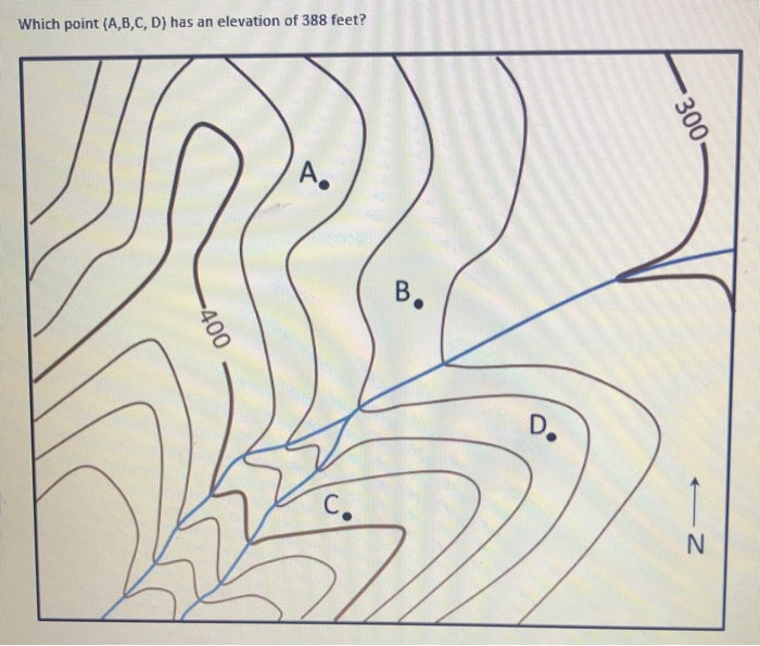 Solved Which point (A,B,C, D) has an elevation of 388 feeti? | Chegg.com