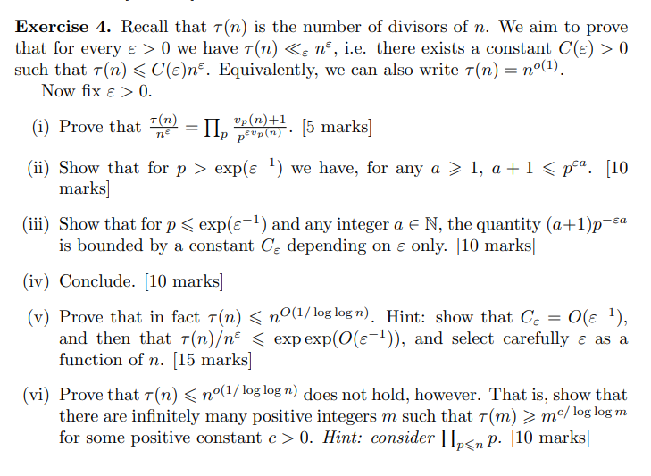 Exercise 4. Recall that τ(n) is the number of | Chegg.com