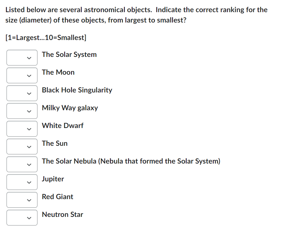 Solved Listed below are several astronomical objects. | Chegg.com Solved Listed below are several astronomical objects. | Chegg.com