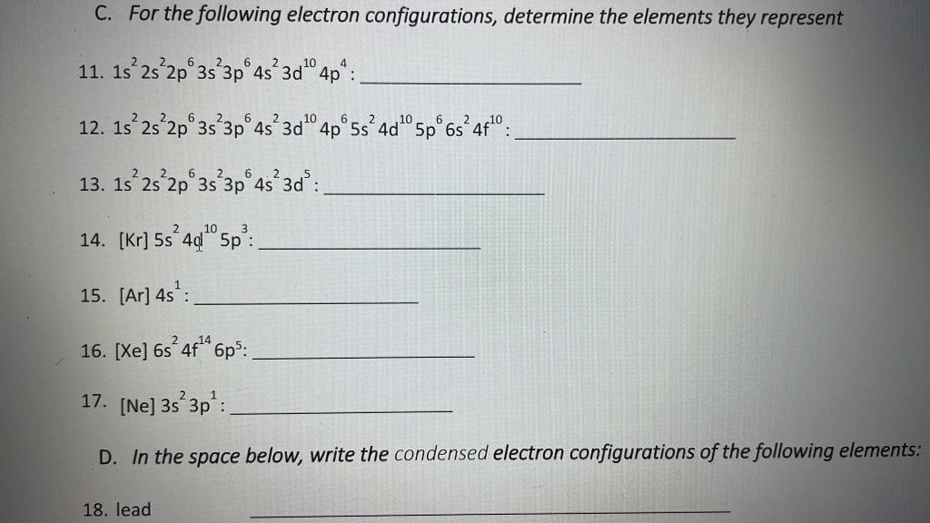Solved C For The Following Electron Configurations