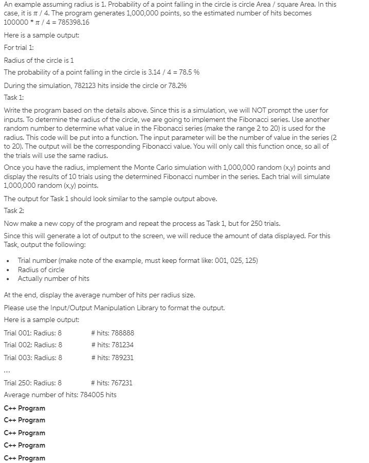 Solved C++ Program Monte Carlo simulation uses random | Chegg.com