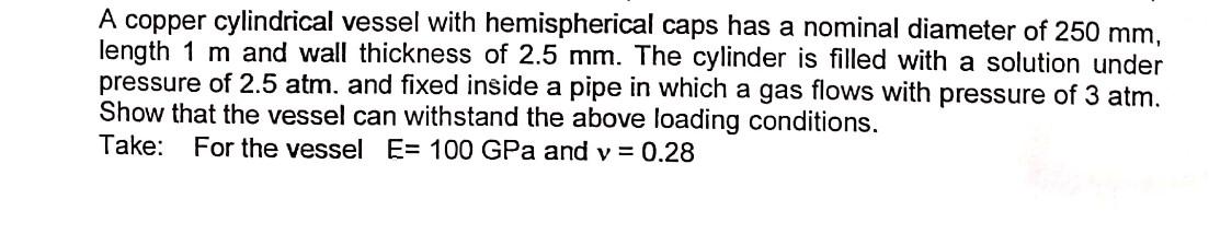 Solved A copper cylindrical vessel with hemispherical caps | Chegg.com