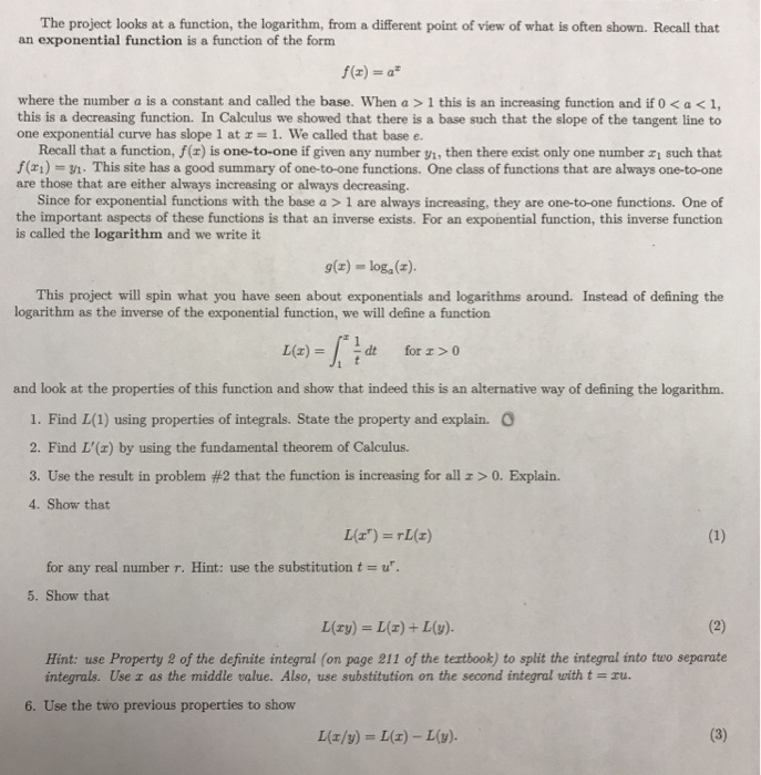 Solved The project looks at a function, the logarithm, from | Chegg.com