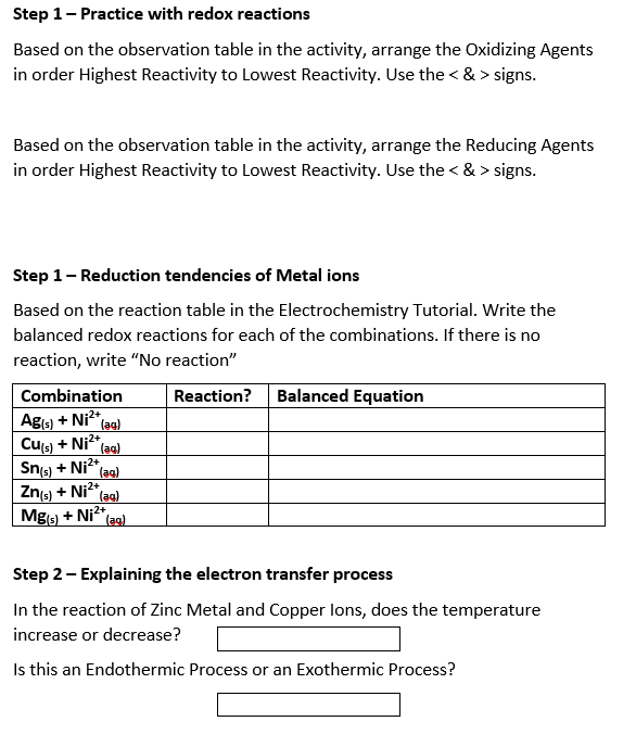 Solved Step 1 - Practice with redox reactions Based on the | Chegg.com