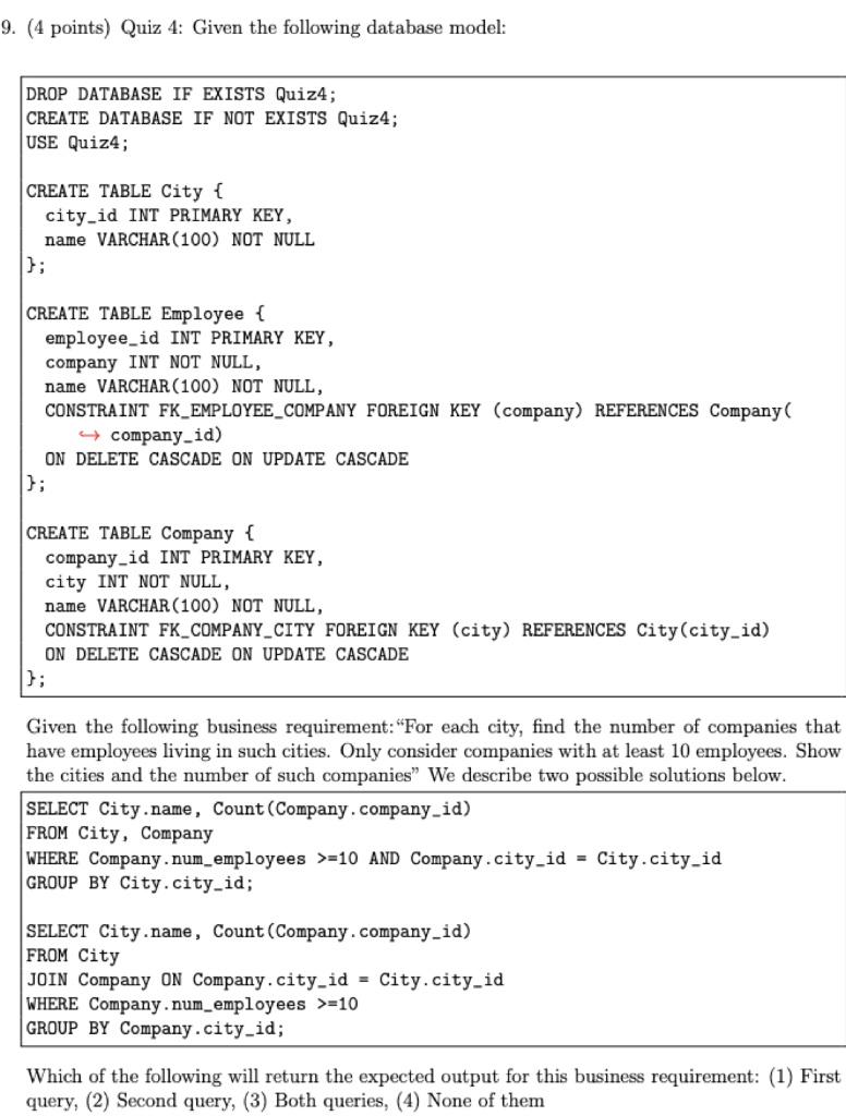 Solved 9. (4 points) Quiz 4: Given the following database | Chegg.com