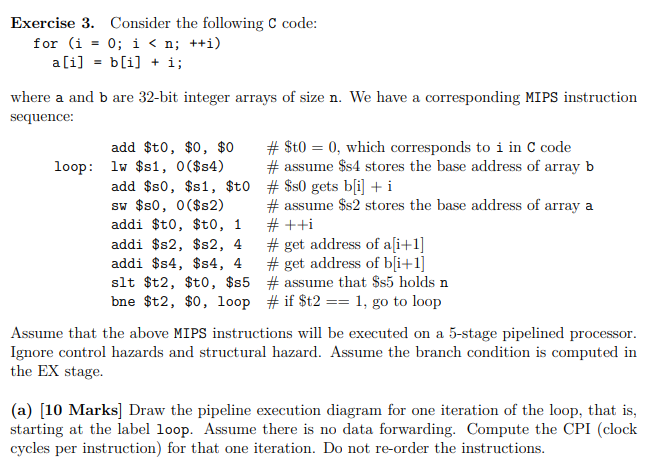 Exercise 3. Consider the following C code: for (i = | Chegg.com