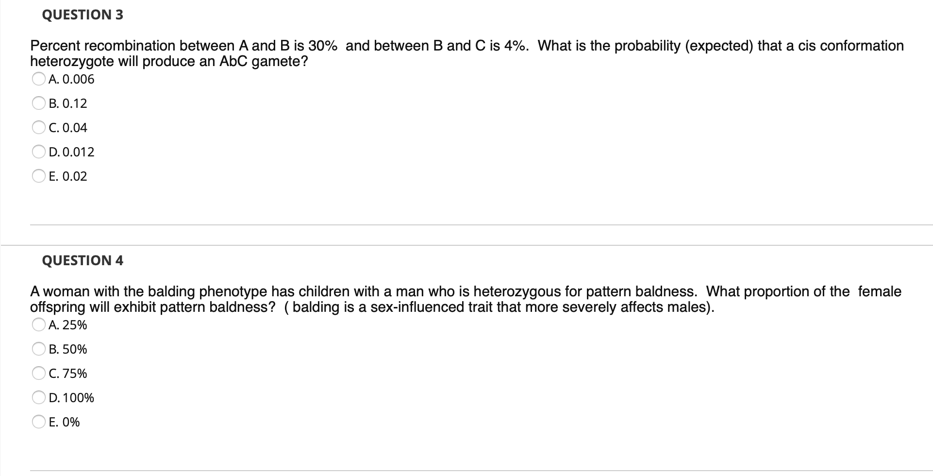 Solved QUESTION 3 Percent recombination between A and B is | Chegg.com