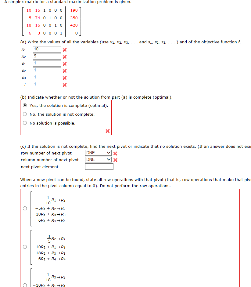Solved A simplex matrix for a standard maximization problem | Chegg.com