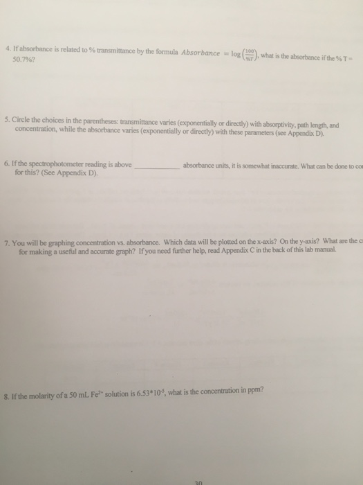 Solved 4. If absorbance is related to % transmittance by the | Chegg.com