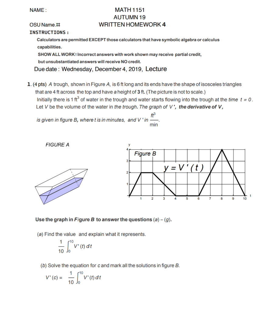 NAME: MATH 1151 AUTUMN 19 OSU Name. WRITTEN HOMEWORK | Chegg.com