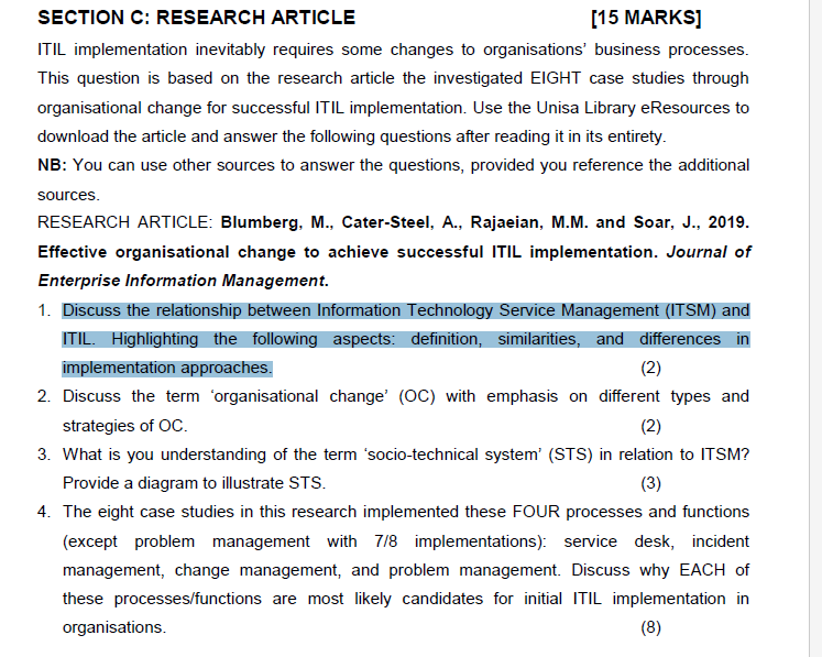 Solved SECTION C: RESEARCH ARTICLE [15 MARKS] ITIL | Chegg.com