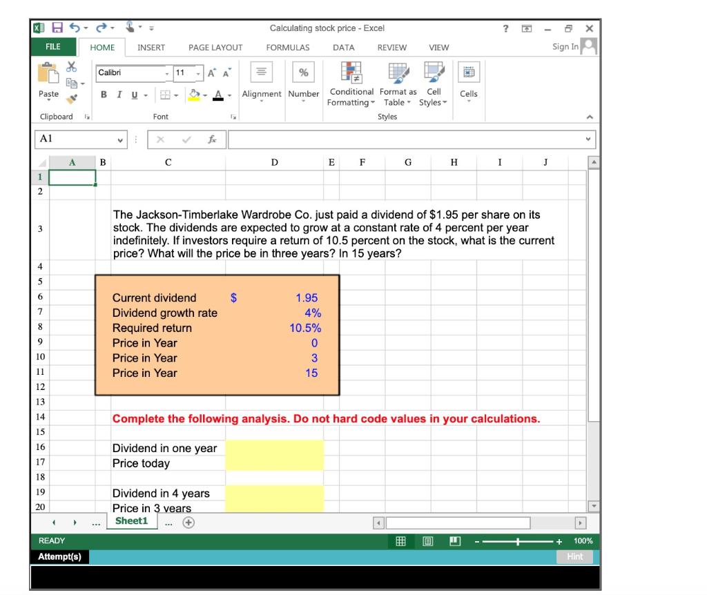 Solved Us E Calculating Stock Price Excel Formulas Data
