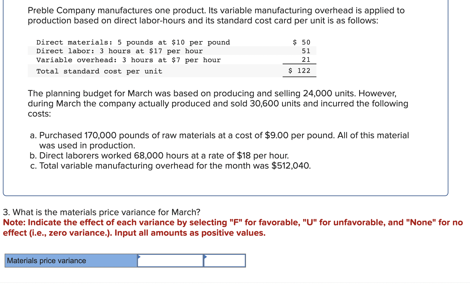 Solved Preble Company manufactures one product. Its variable | Chegg.com