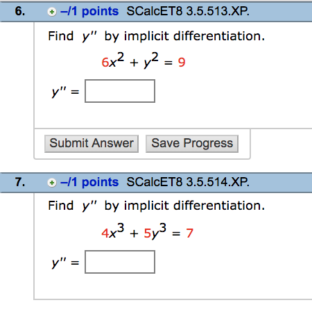 Solved -11 points SCalcET8 3.5.513.XP Find y" by implicit | Chegg.com