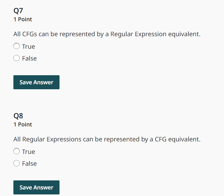 Solved Q71 ﻿PointAll CFGs can be represented by a Regular | Chegg.com