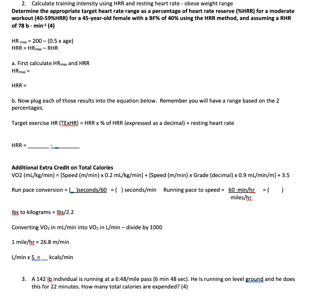 2. Calculate training intensity using HRR and resting | Chegg.com