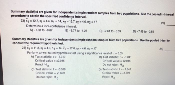 Solved Summary statistics are given for independent simple | Chegg.com