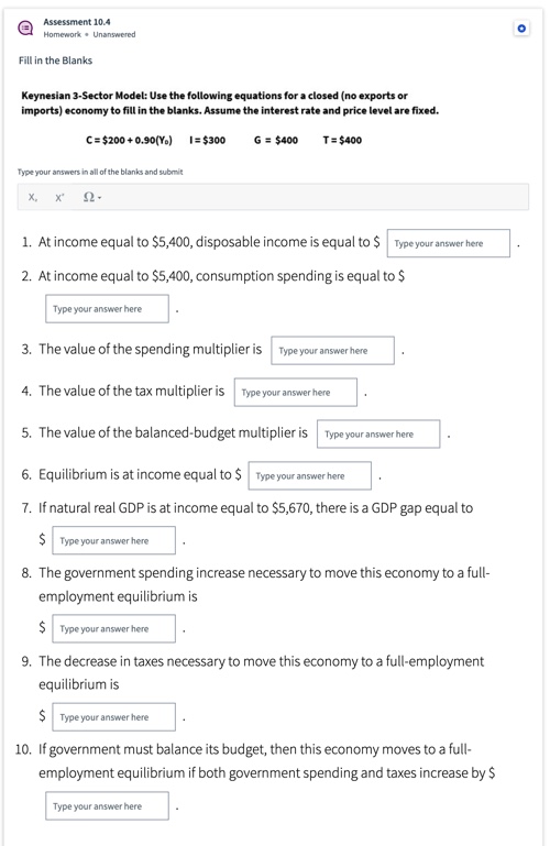 Solved Assessment 10.4 Homework. Unanswered o Fill in the | Chegg.com