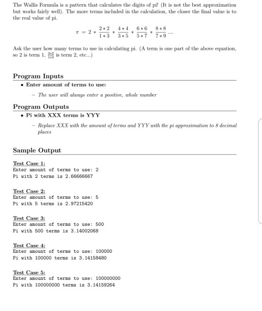 Solved The Wallis Formula is a pattern that calculates the | Chegg.com